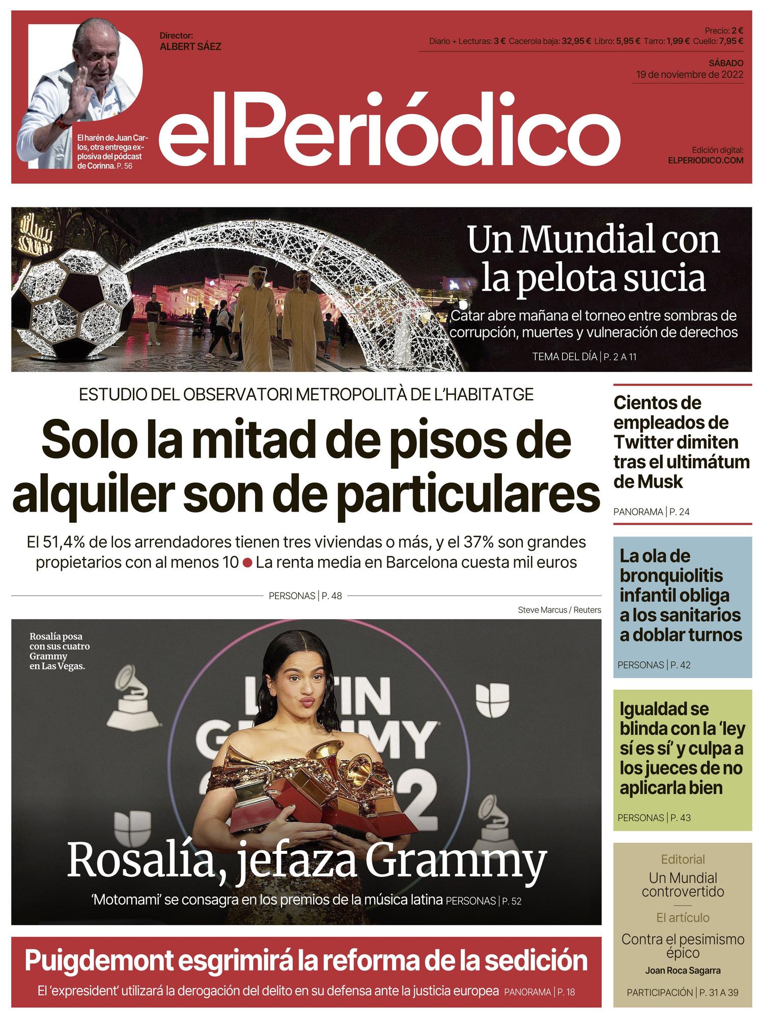 La portada de EL PERIÓDICO del 19 de noviembre de 2022