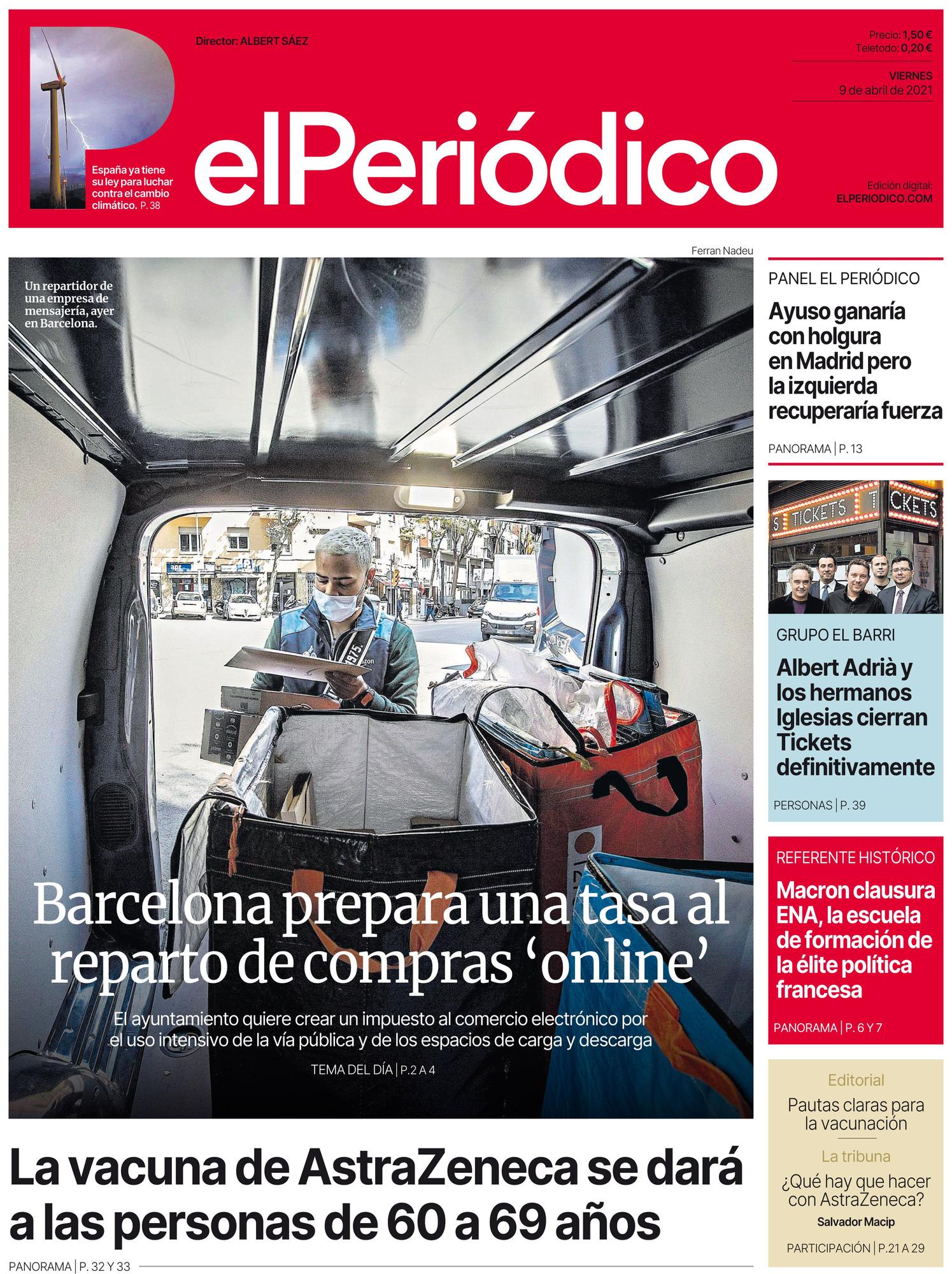 La portada de EL PERIÓDICO del 9 de abril de 2021