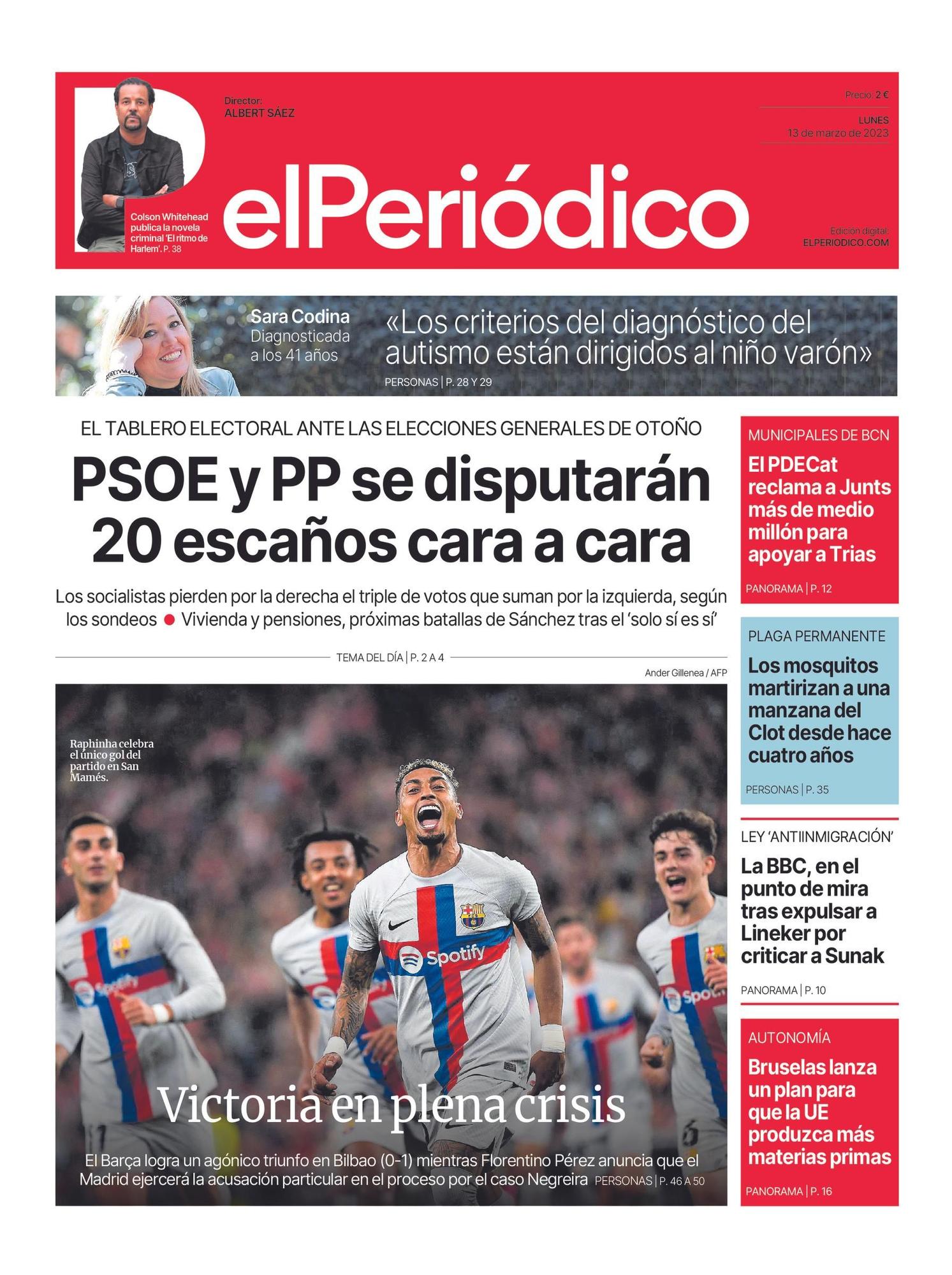 La portada de EL PERIÓDICO del 13 de marzo de 2023