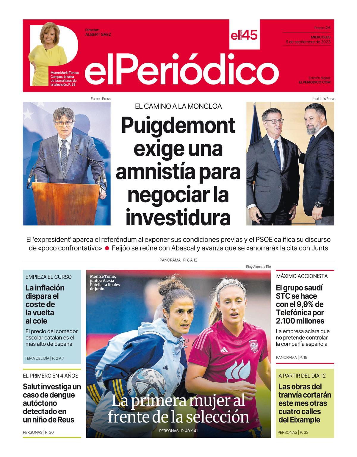 La portada de EL PERIÓDICO del 6 de septiembre de 2023