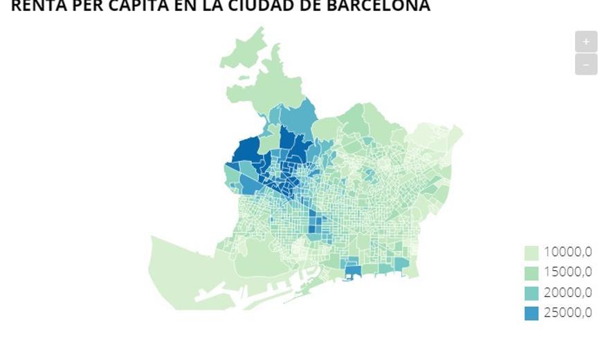 El mapa de la renta per capita en Barcelona, calle a calle