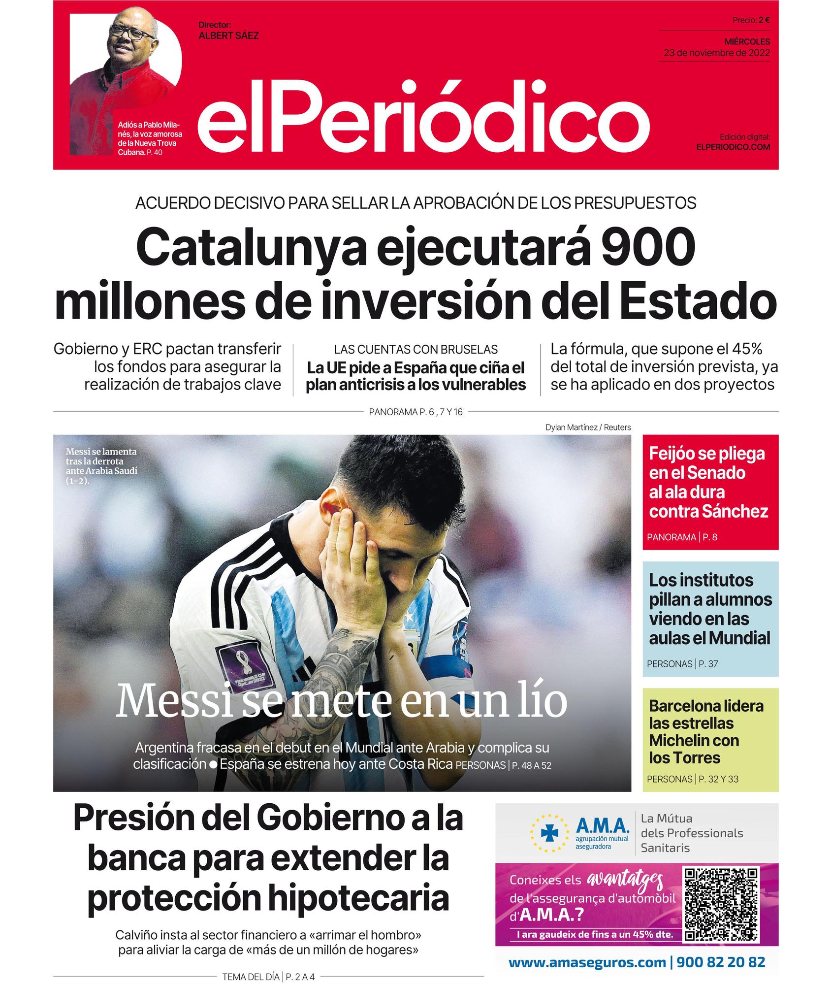 La portada de EL PERIÓDICO del 23 de noviembre de 2022