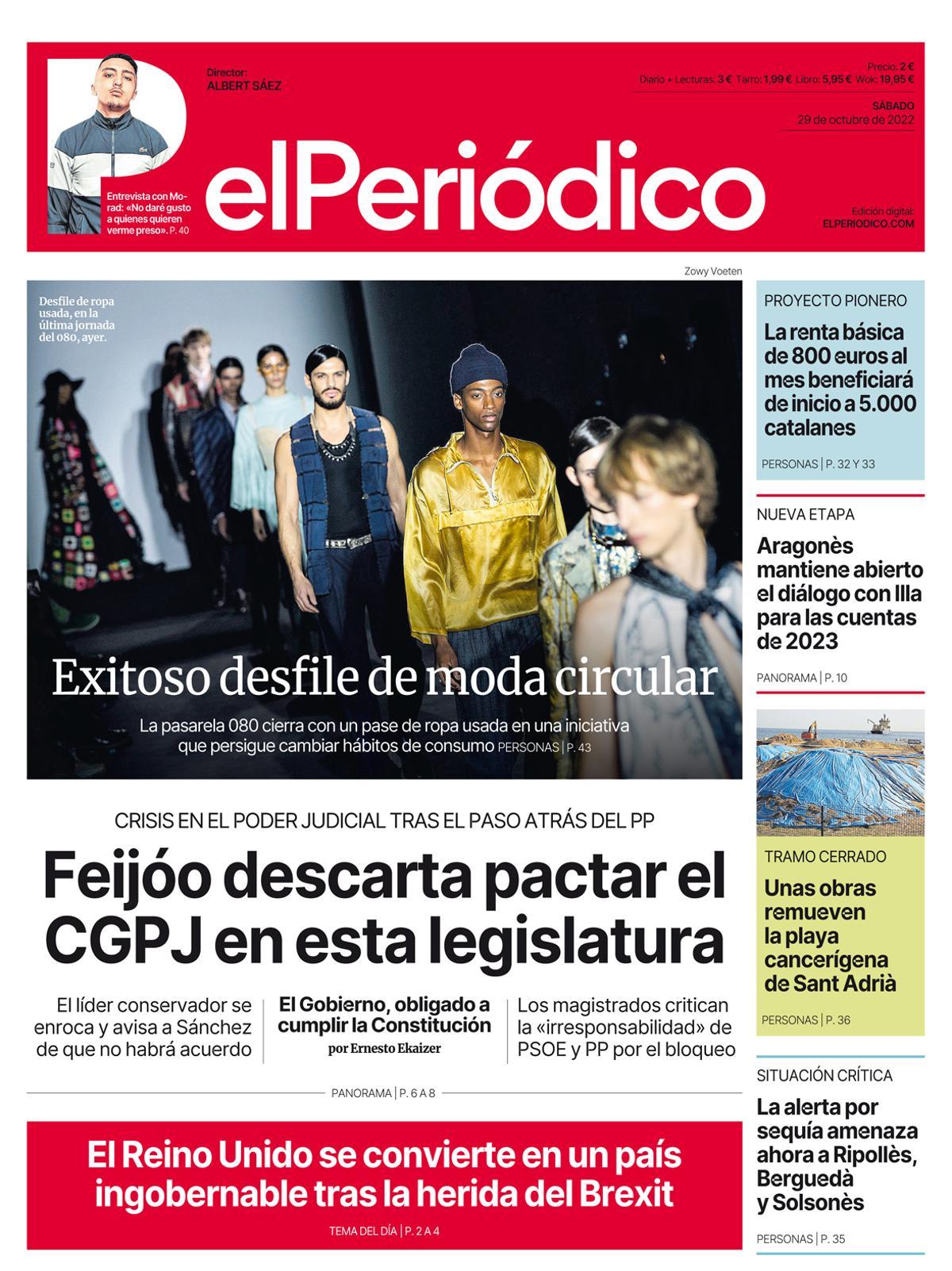 La portada de EL PERIÓDICO del 29 de octubre de 2022