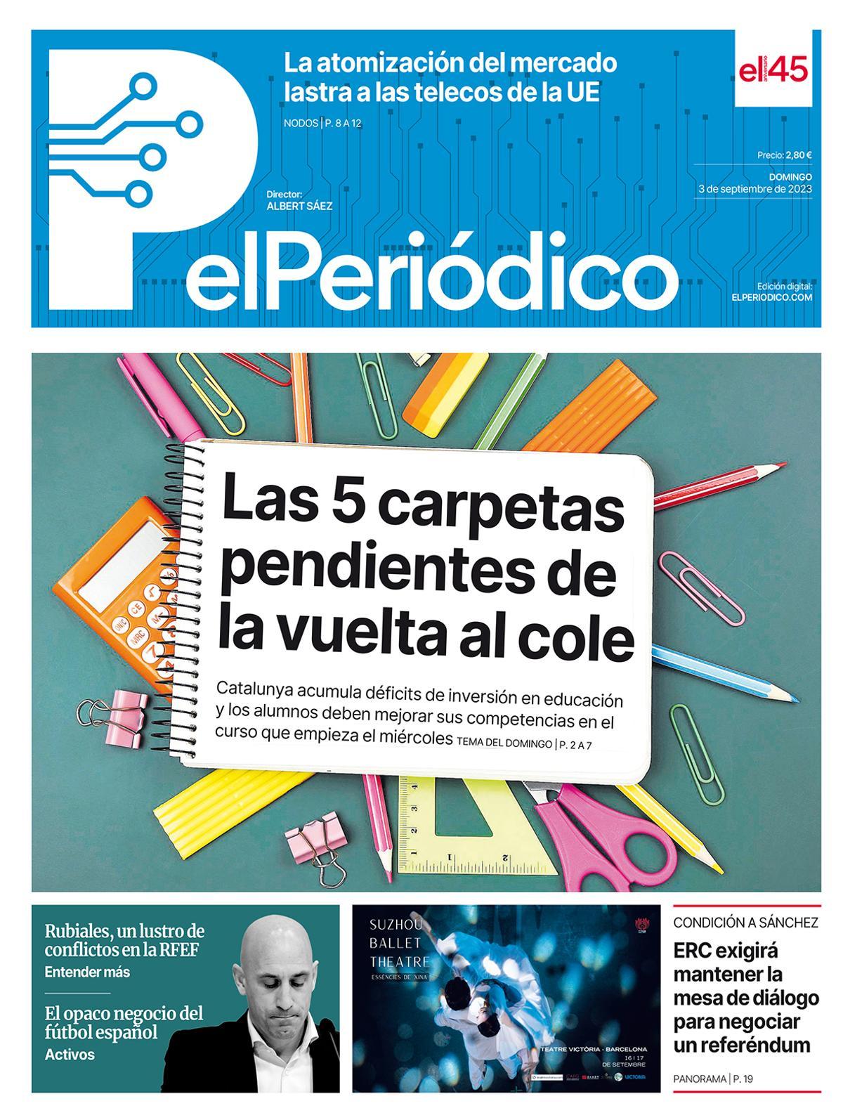 La portada de EL PERIÓDICO del 3 de septiembre de 2023