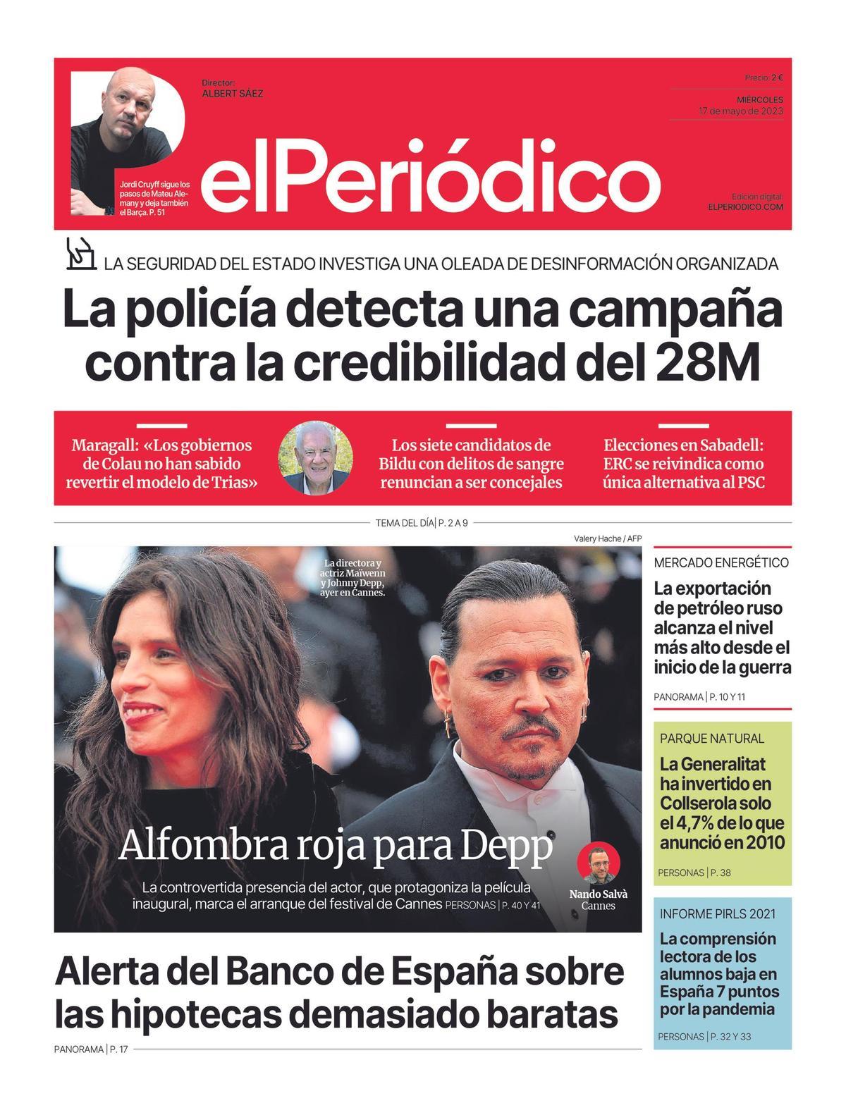 La portada de EL PERIÓDICO del 17 de mayo de 2023