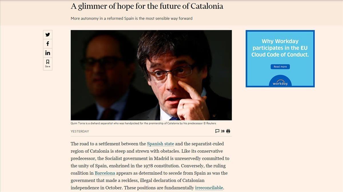 El 'Financial Times' receta "más autonomía" para Catalunya