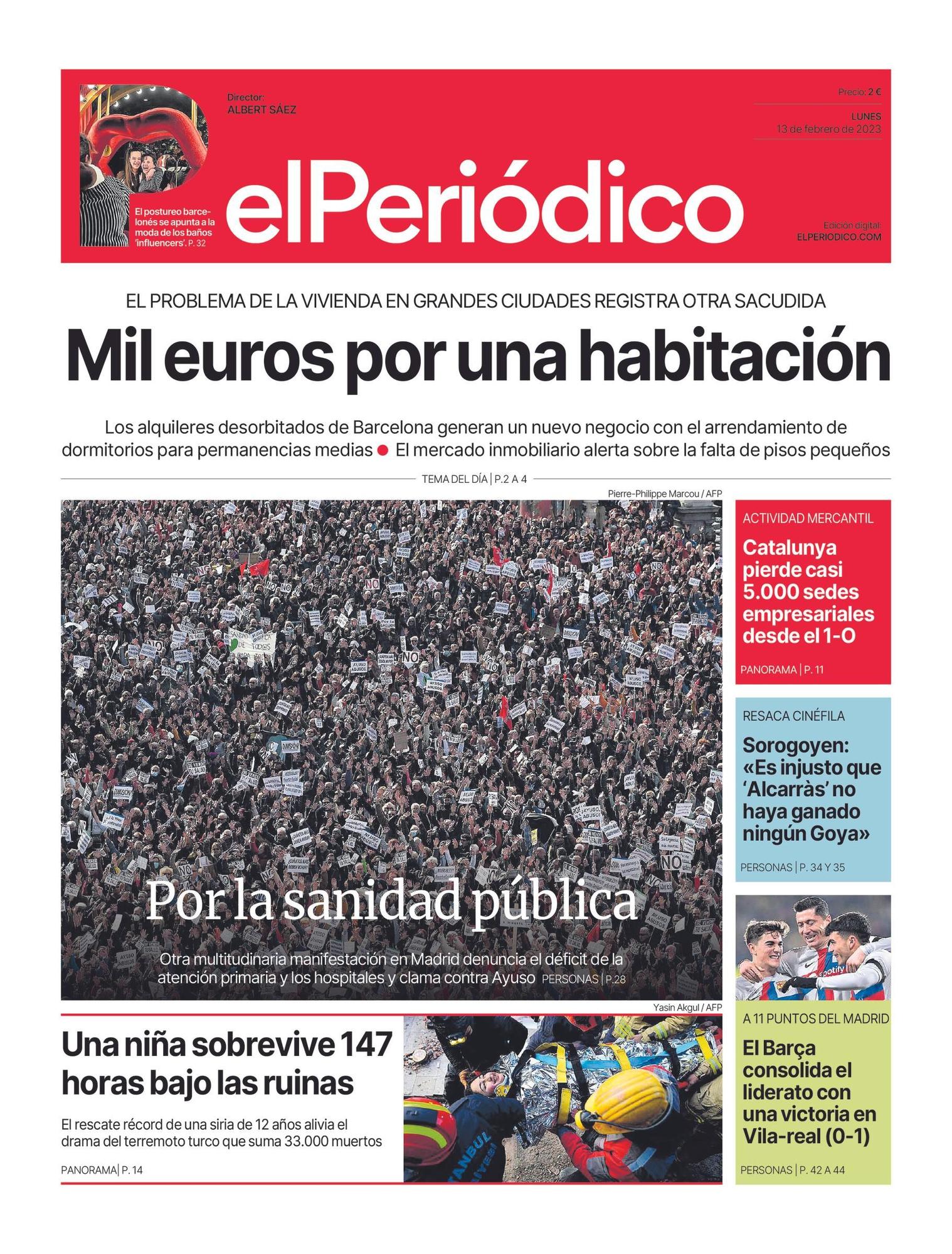 La portada de EL PERIÓDICO del 13 de febrero de 2023