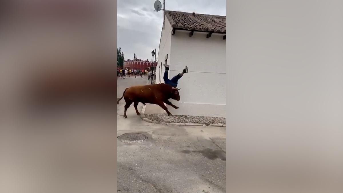 Un toro embiste a una joven que estaba mirando el móvil en un encierro