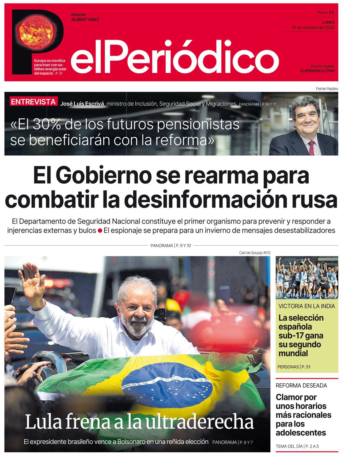 La portada de EL PERIÓDICO del 31 de octubre de 2022
