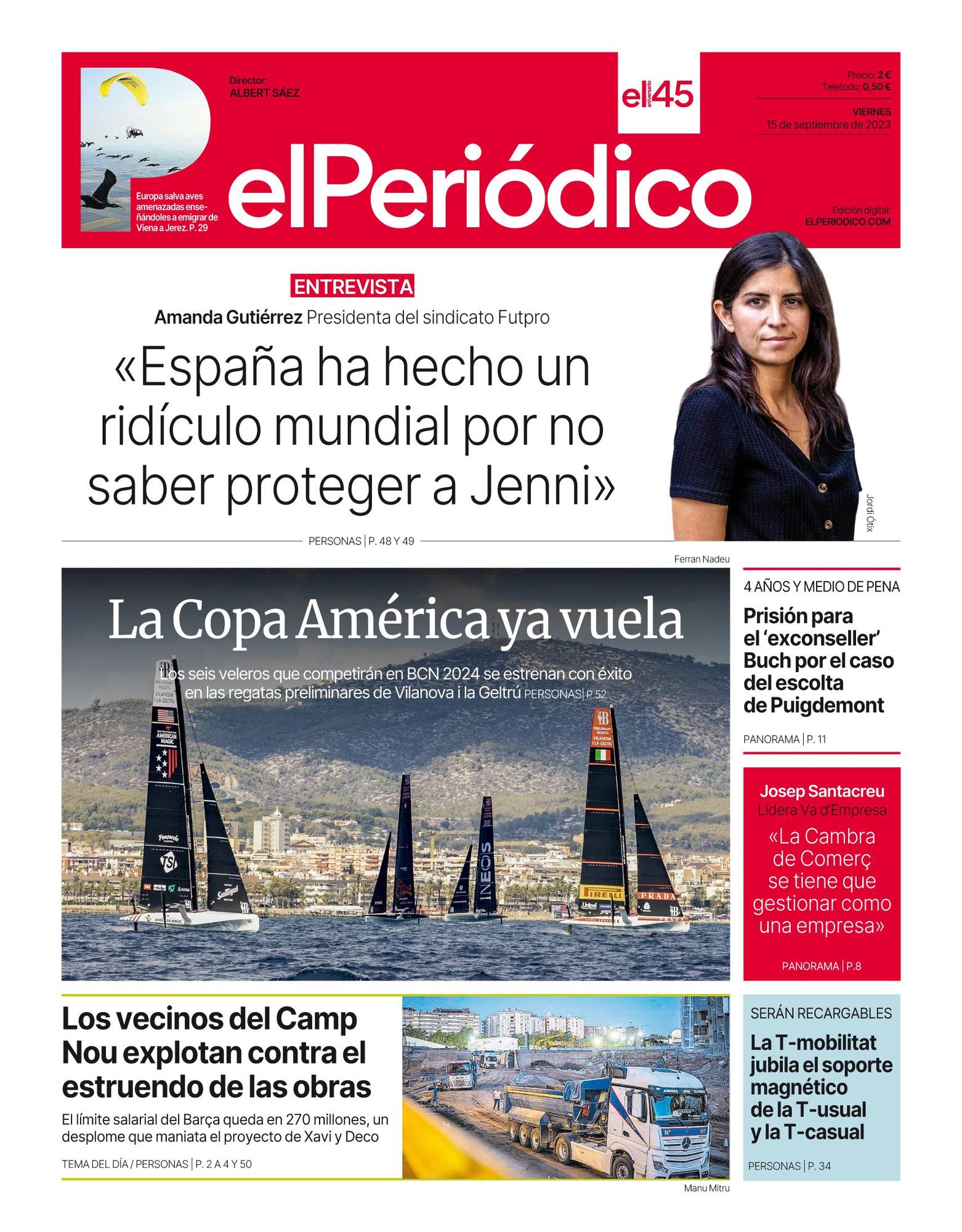 La portada de EL PERIÓDICO del 15 de septiembre de 2023